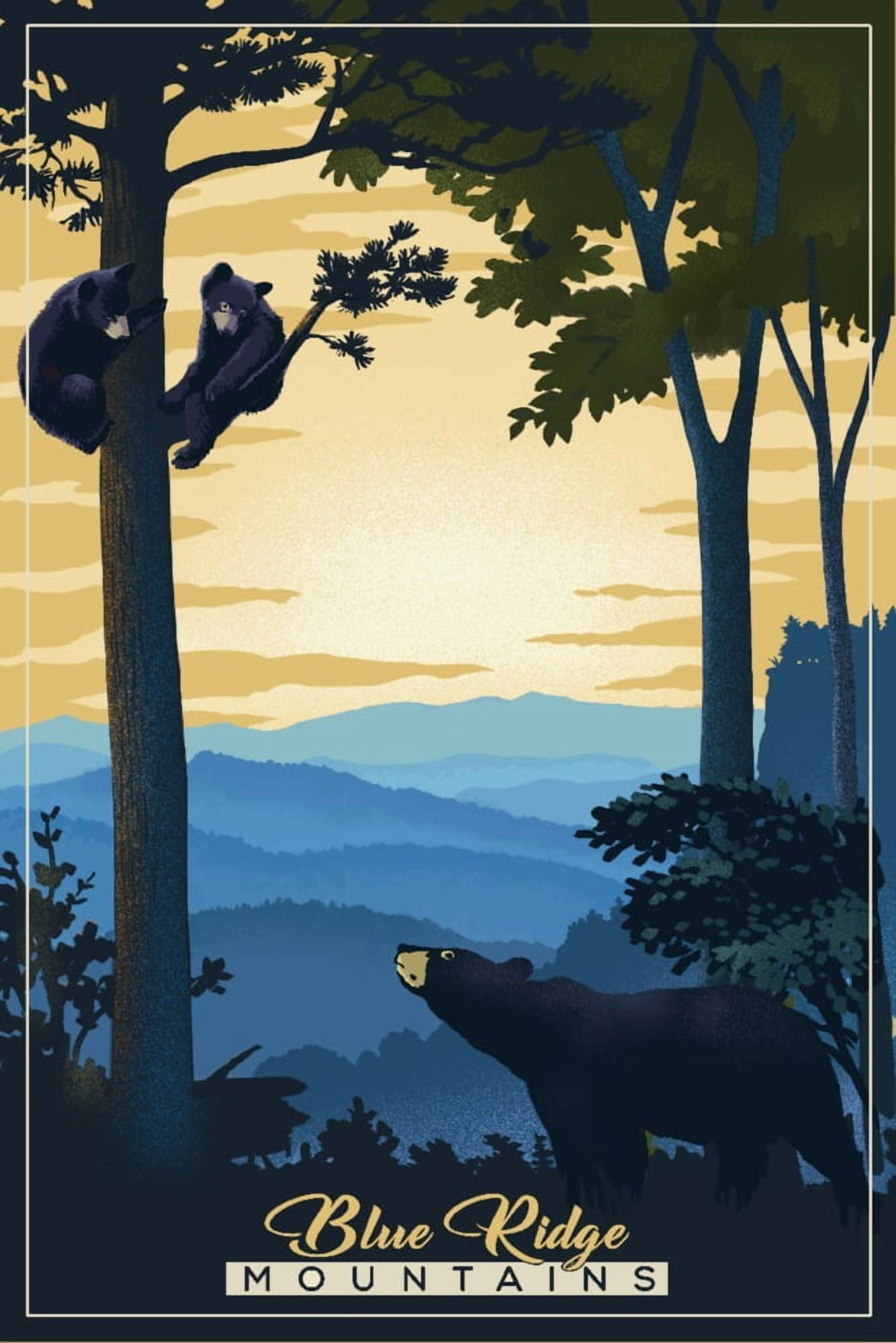 Blue Ridge Mountains, Black Bears, Lithograph (36x54 Giclee Gallery Art Print, Vivid Textured ...