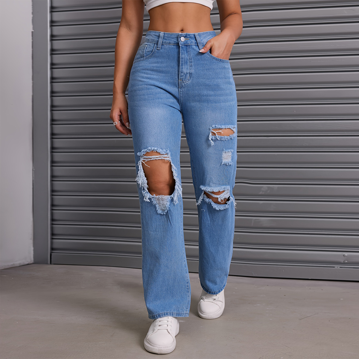 Blue Ripped High Waist Straight Jeans Distressed High Rise Wide Leg ...