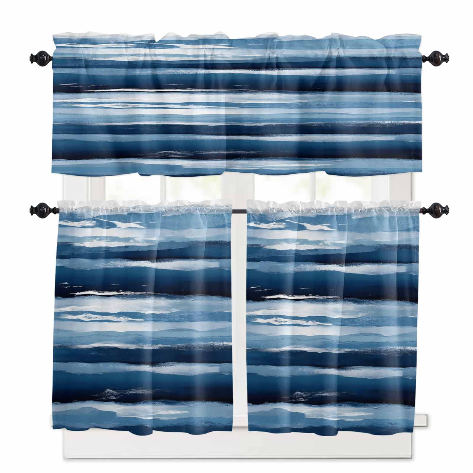 Blue Ripple Kitchen Curtains and Valances Set, Watercolor Wave Abstract ...