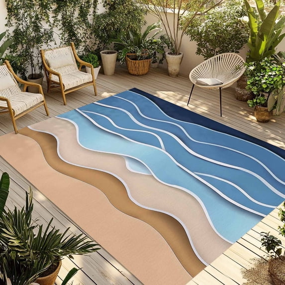 Blue Ripple Outdoor Rug, Blue Wave Gradient Non-Slip Area Rugs Carpet ...