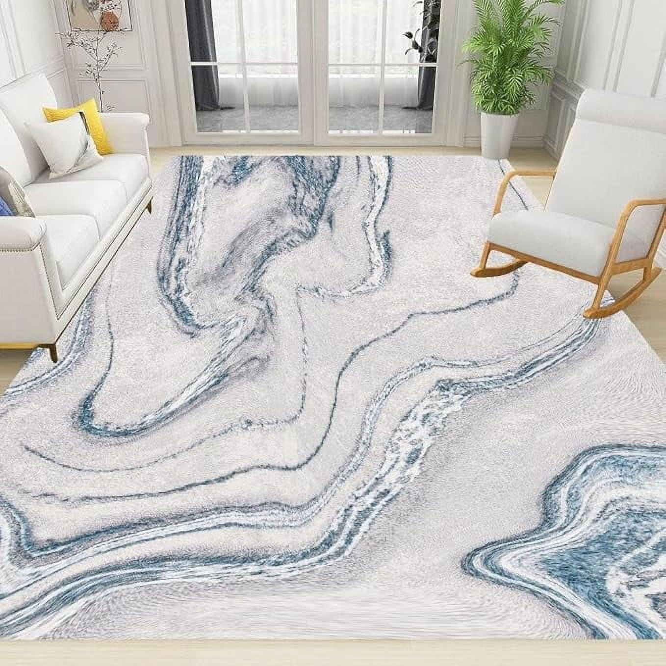 Blue Ripples Area Rug For Bedroom, Modern Abstract Distressed Rugs ...