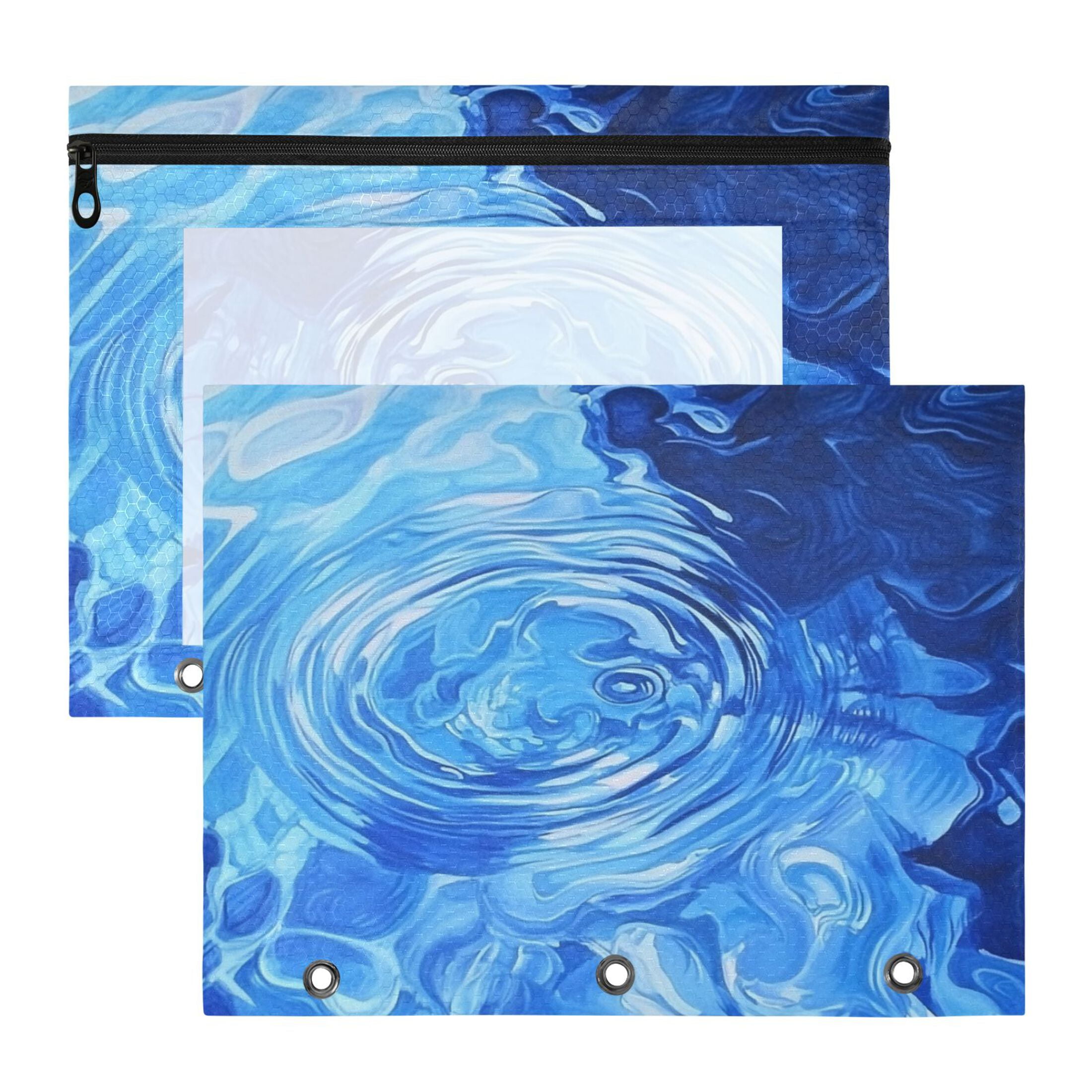 Blue Ripples Hand Drawn 3-Ring Binder Pouches A4 Size Zipper Pocket ...