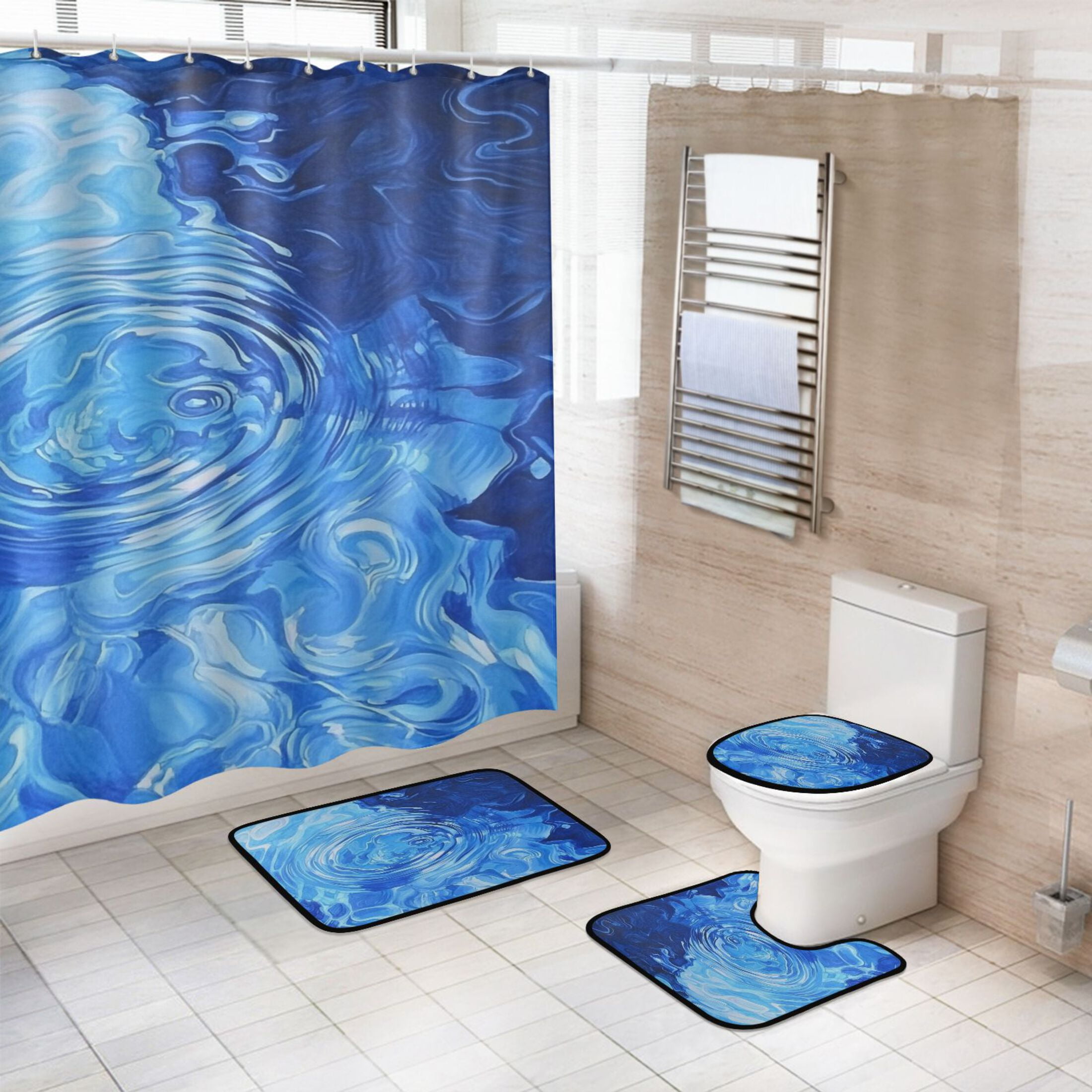 Blue Ripples Hand Drawn Shower Curtain and Rug Sets Toilet Lid Cover ...