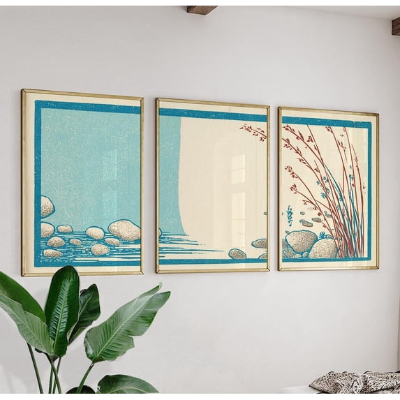 Blue River Landscape Minimalist Nature Triptych Art Set 3 Stretched ...