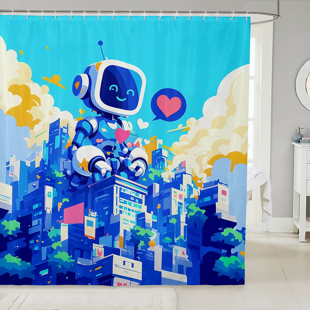 Blue Robot Shower Curtain Set,Cartoon Machine Robot Bathroom Set Room ...