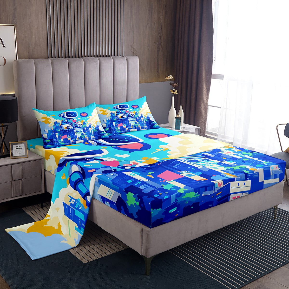 Blue Robot Twin Bed Sheets Set,Cartoon Machine Robot Bedding Set for ...