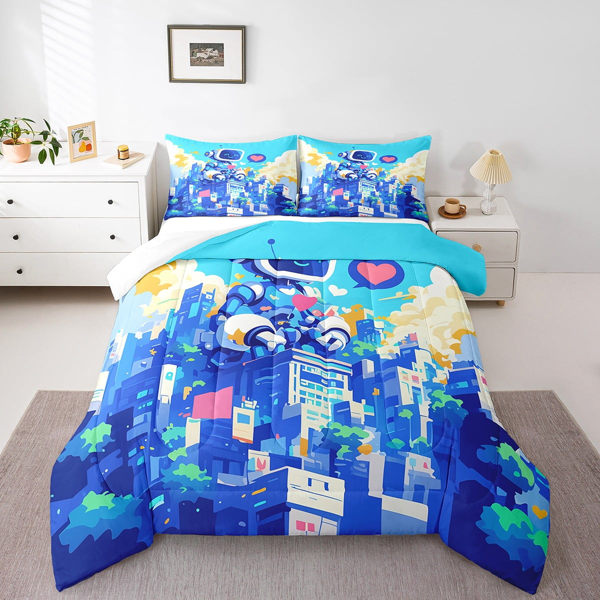 Blue Robot Twin Bedding Set,Cartoon Machine Robot Comforter Set Bedroom ...
