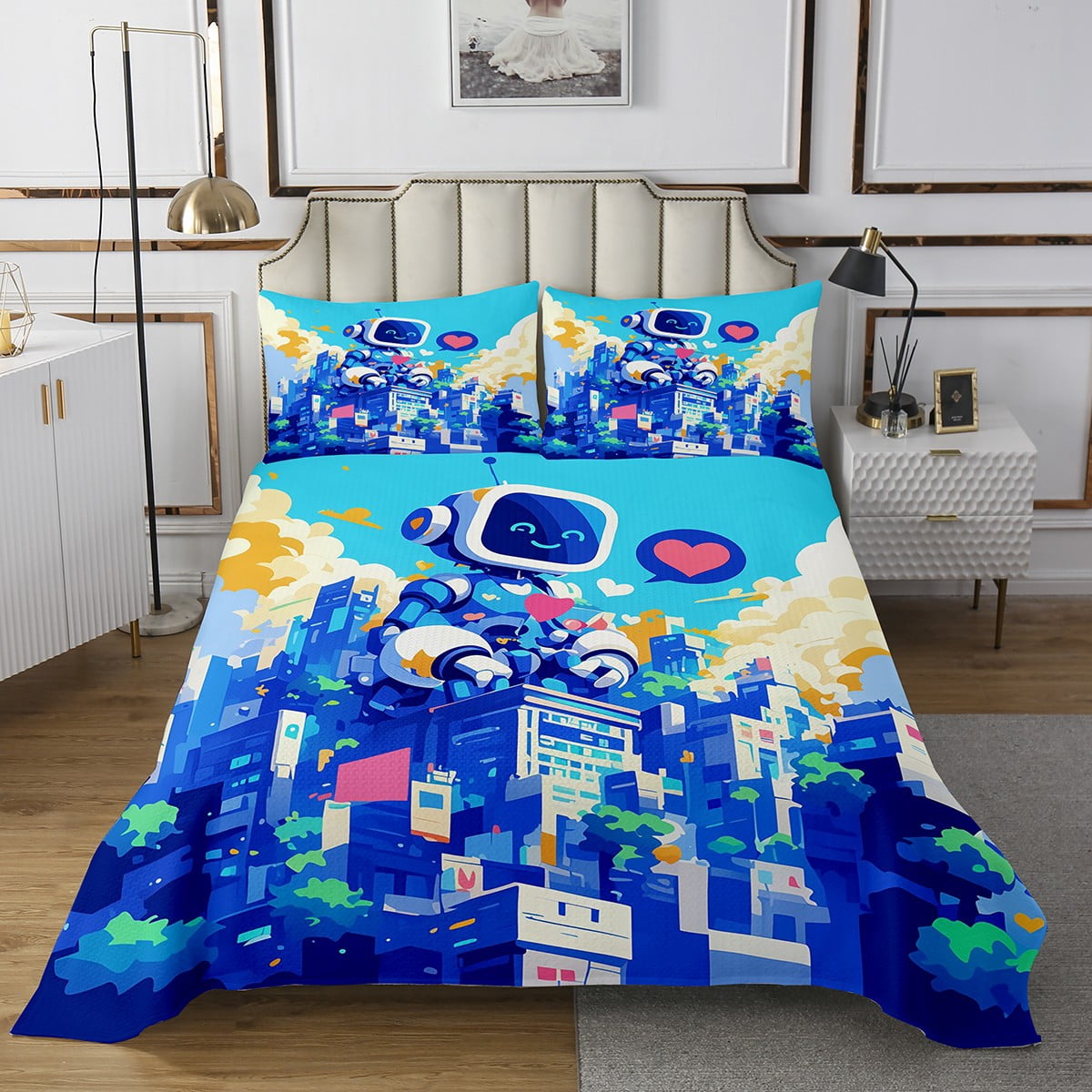 Blue Robot Twin Quilt Set,Cartoon Machine Robot Bedding Set Bedroom ...