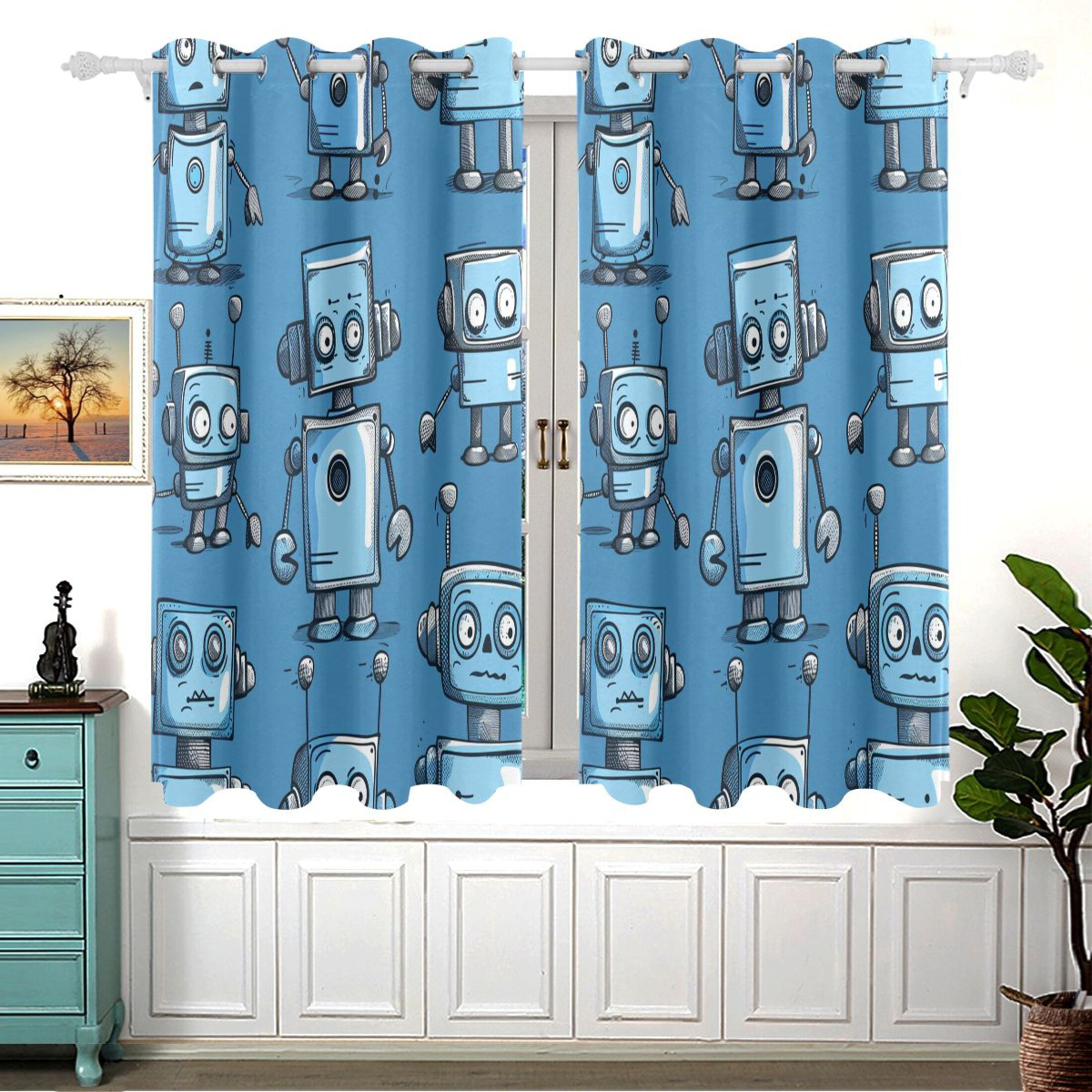 Blue Robots Cartoon Curtains Drapes with Grommets 2 Panels 54" x 55 ...