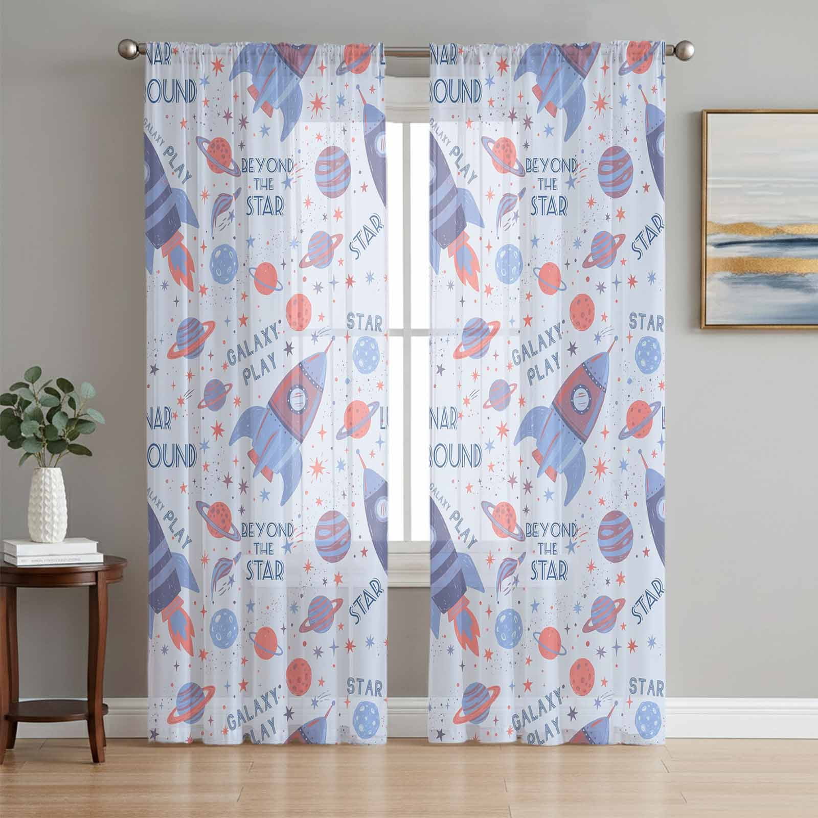 Blue Rocket Sheer Curtains for Living Room Bedroom Cartoon Stars Modern ...