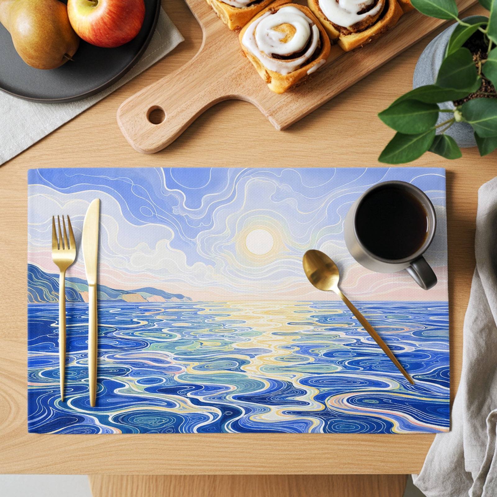 Blue Rolling Ocean Waves Placemats Set of 2, Coastal Gold Glowing Sun ...