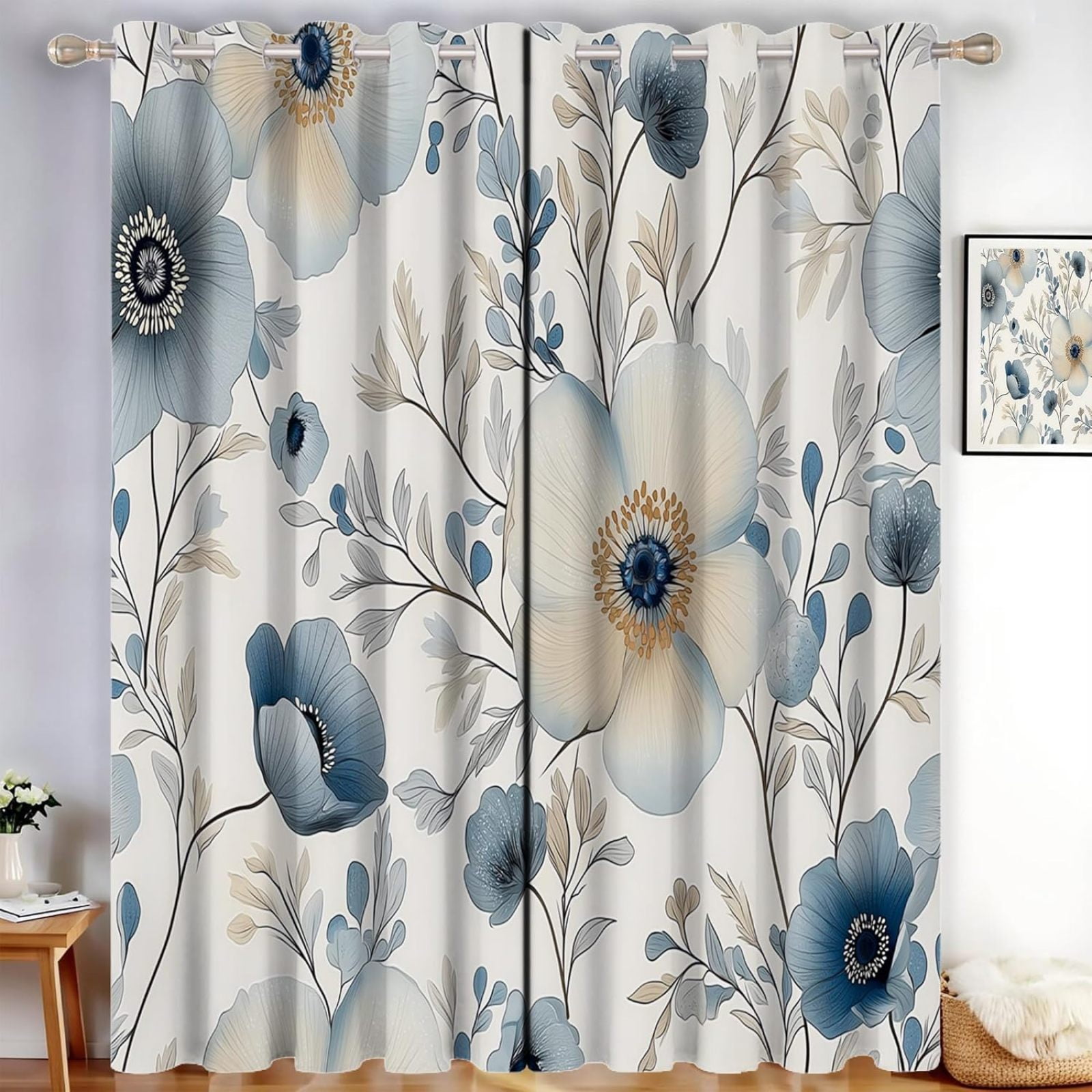Blue Room Darkening Curtains–Natural Flowers Kitchen Curtain Drapes ...