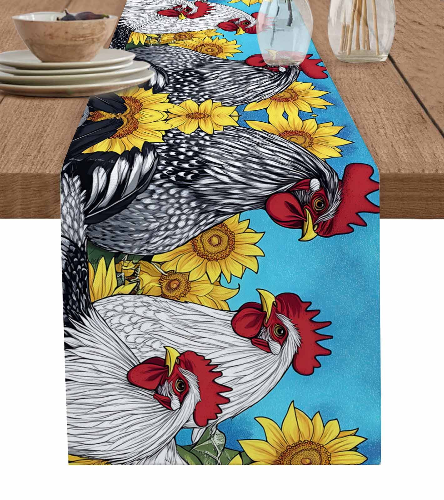 Blue Rooster Table Runner 72 Inches, Watercolor Farmhouse Animals ...