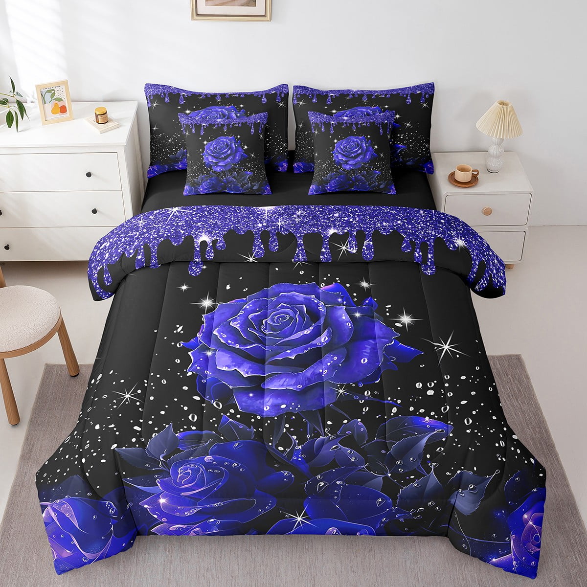 Blue Rose 7 Piece Comforter Set Full Bed in a Bag,Glitter Galaxy Sheet ...