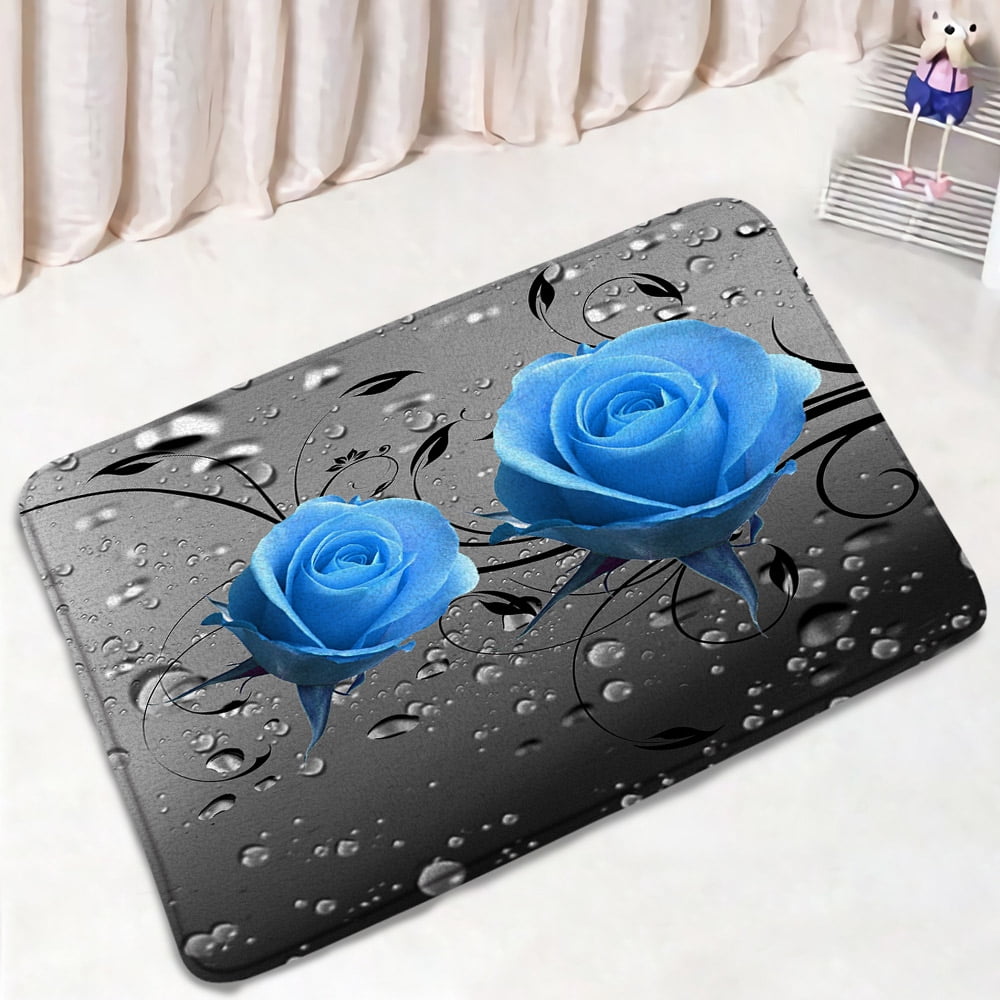 Blue Rose Bath Mat Set Creative Black Plant Leaves Flowers Pattern ...