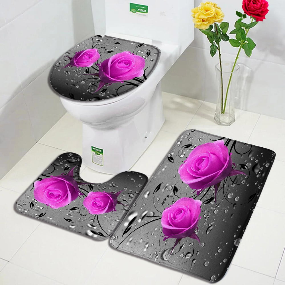 Blue Rose Bath Mat Set Creative Black Plant Leaves Flowers Pattern ...