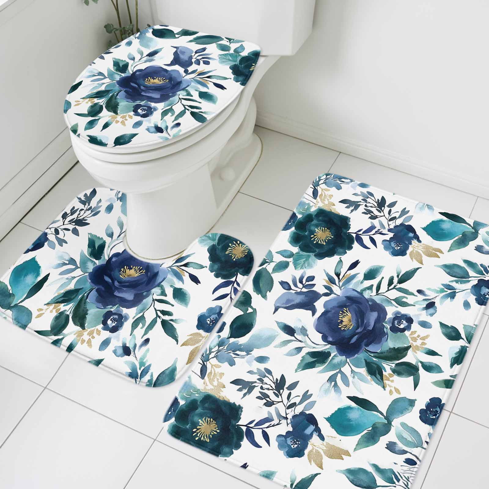 Blue Rose Bathroom Rugs Set Watercolor Floral Leaf Non Slip Absorbent ...