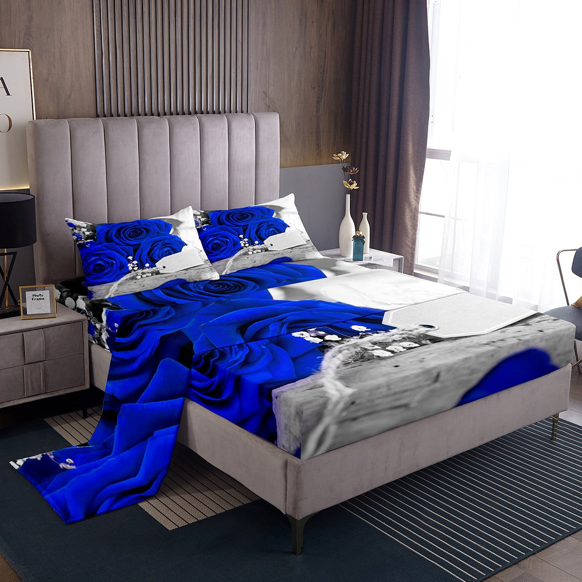 Blue Rose Bed Sheets Set Twin Size, Romantic 3D Floral Bedding Teens ...