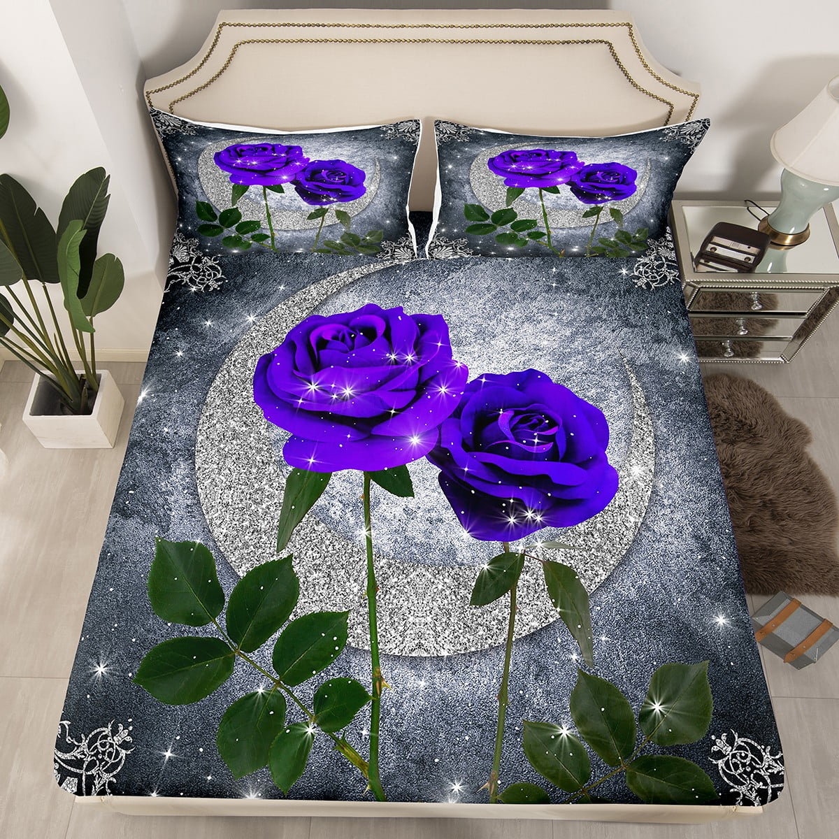 Blue Rose Bed Sheets Silver Moon Fitted Sheet Twin for Women Men Girls ...