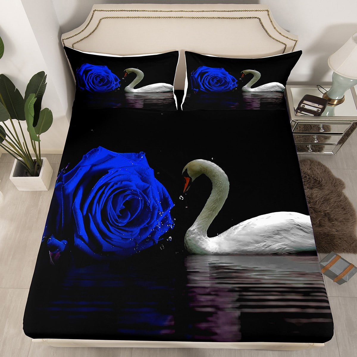 Blue Rose Bed Sheets White Swan Fitted Sheet Twin,Birds Bedding Set ...