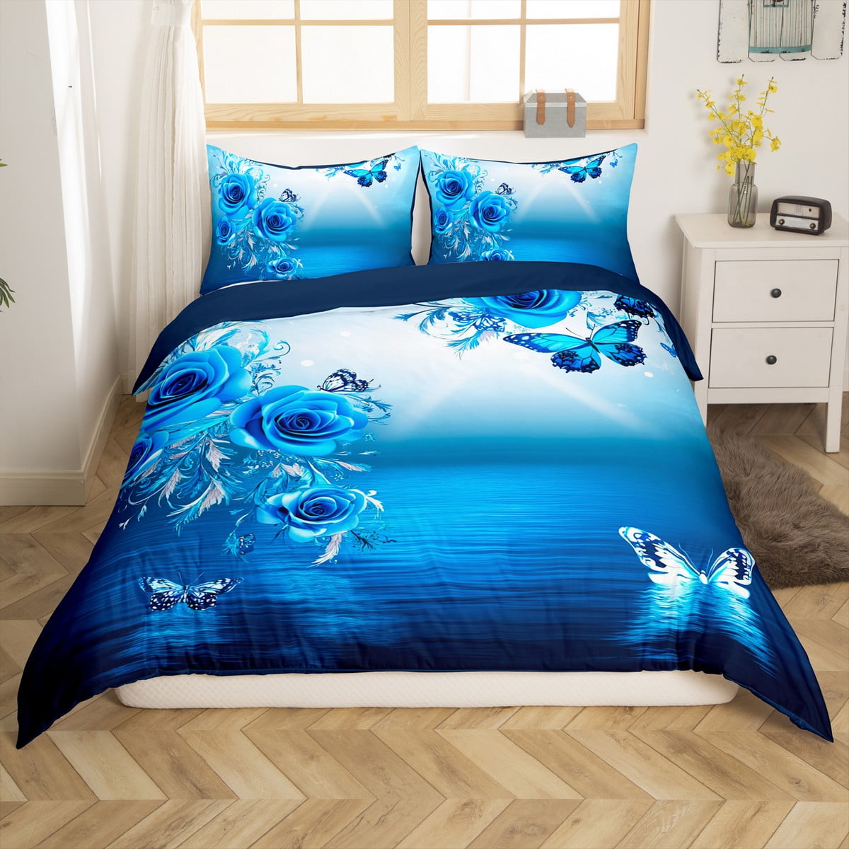 Blue Rose Bedding Set Dreamy Butterfly Duvet Cover Toddler Blue ...