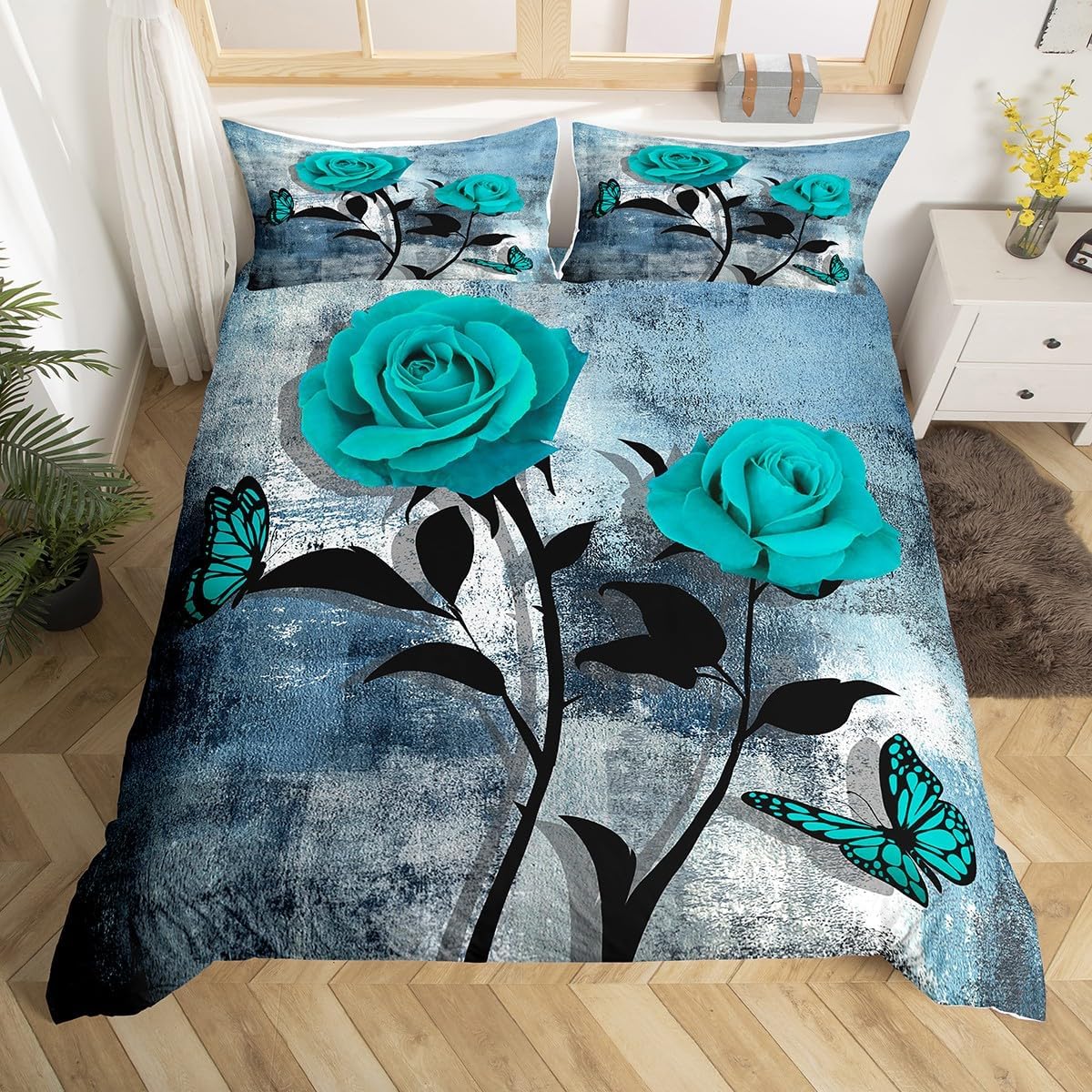 Blue Rose Bedding Set for Girls Women, Blue and Grey Ombre Duvet Cover ...