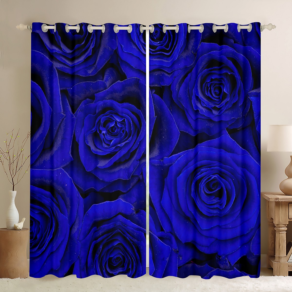 Blue Rose Blackout Curtains, Blue And Black Rose Floral Curtains, 3D ...