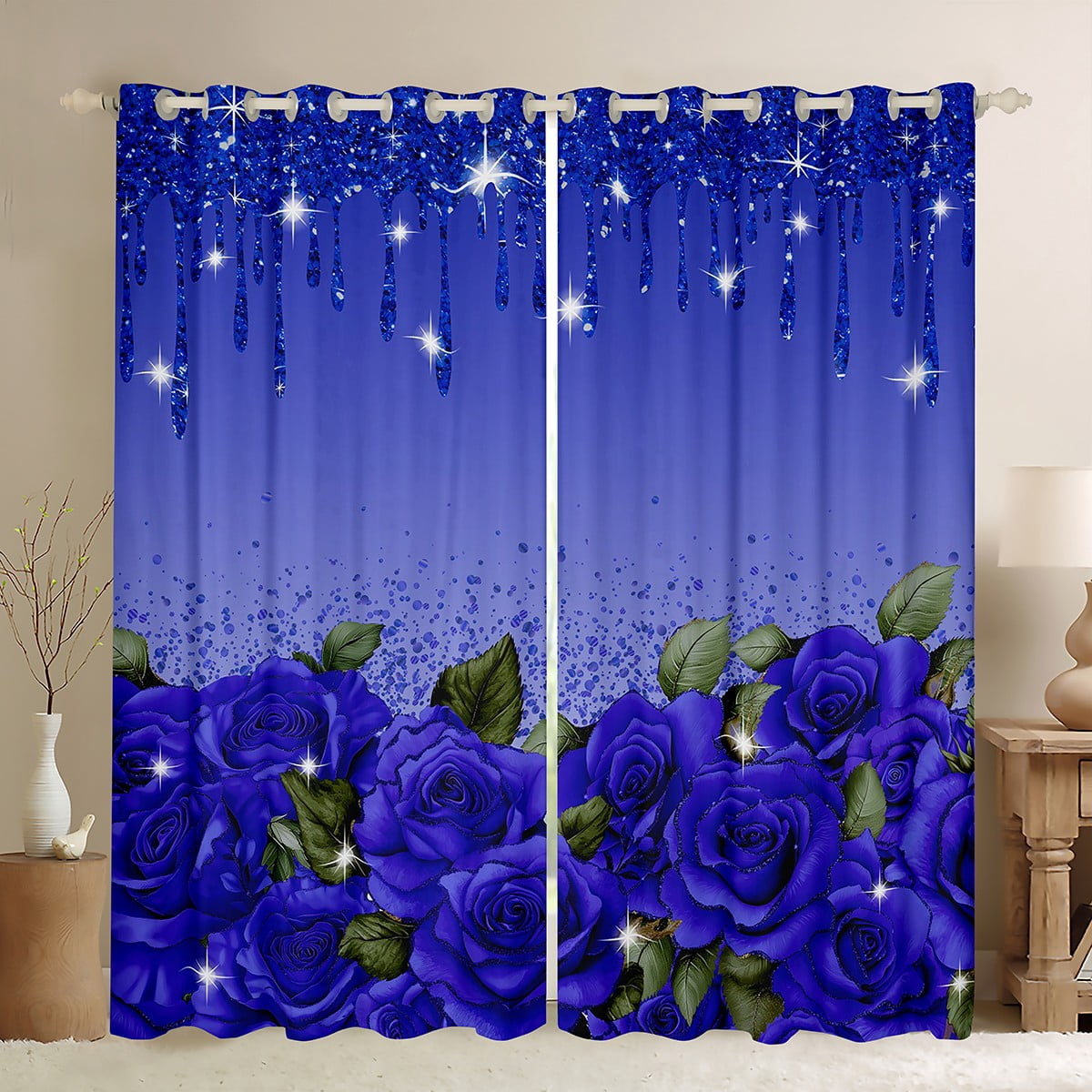 Blue Rose Blackout Curtains Diamond Crystal Fluid Art Curtains for ...