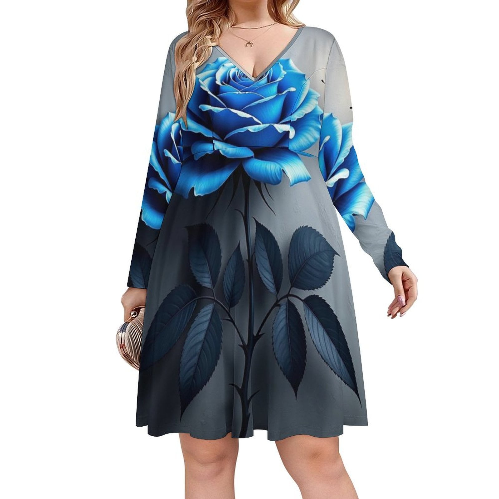 Blue Rose Butterfly Long Sleeve Dresses For Women Vintage Elegant Party ...