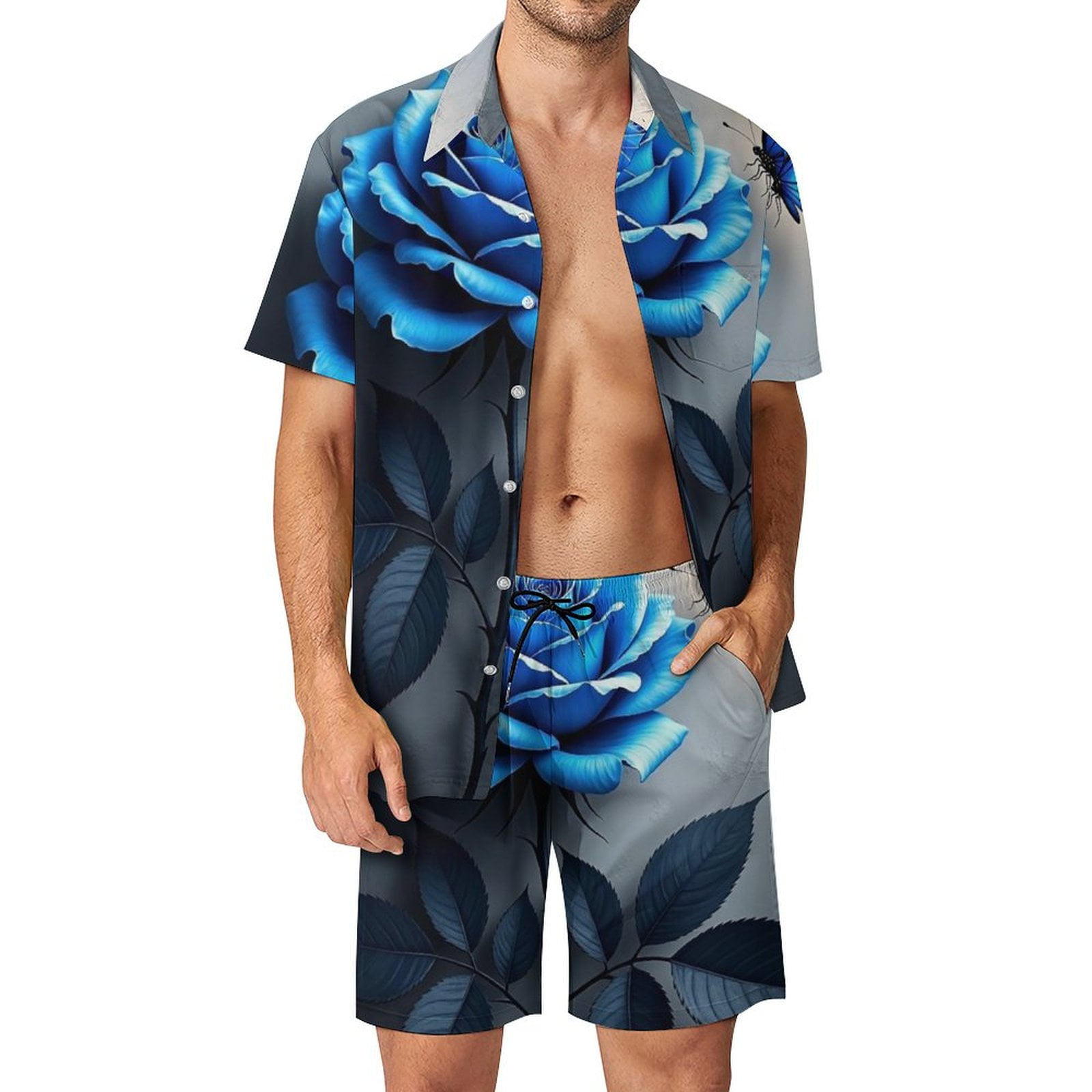 Blue Rose Butterfly Mens 2 Piece Casual Outfits Short Sleeve Button ...