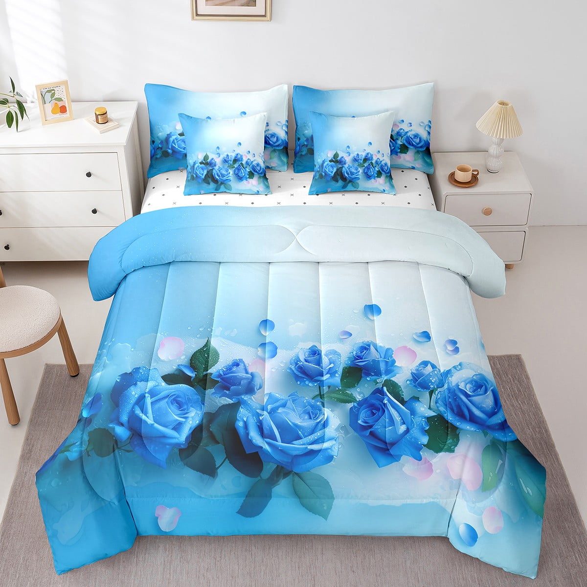 Blue Rose Comforter Cover for Woman Chic Flowers Decor Twin Bedding Set ...
