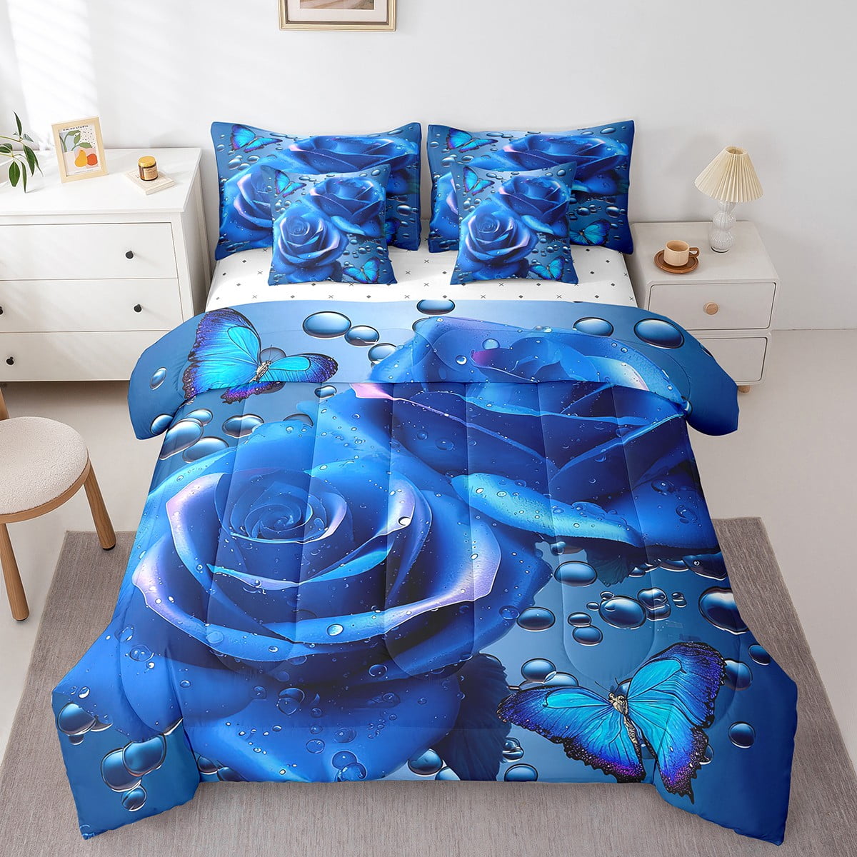 Blue Rose Comforter Set 7 Piece Bed in a Bag Queen,Flowers Butterfly ...