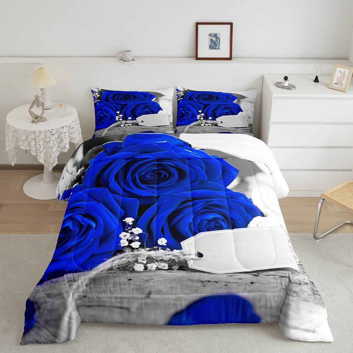 Blue Rose Comforter Set Full Size, Romantic 3D Floral Bedding for Kids ...