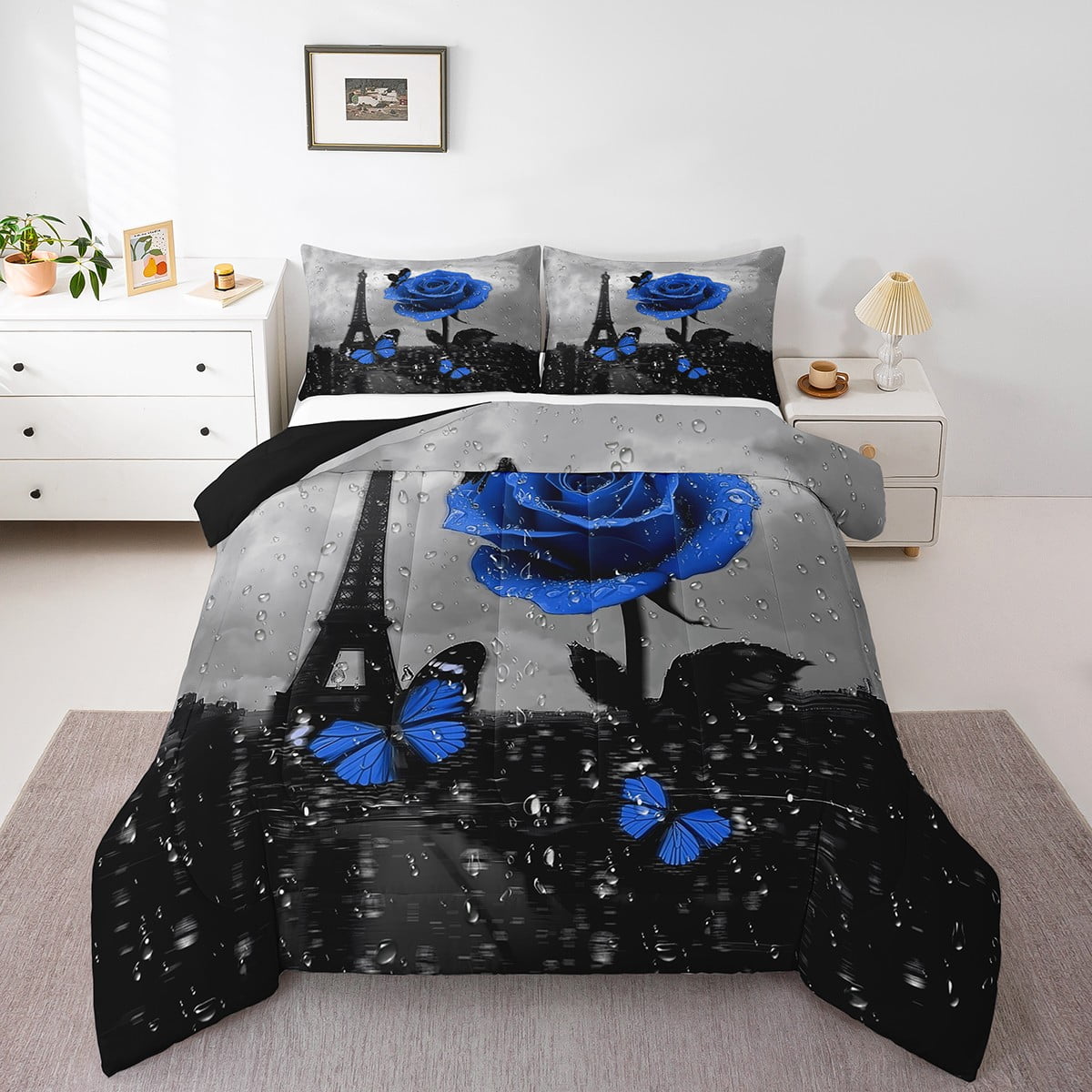 Blue Rose Comforter Set, Vintage Rose Flower Full Bedding Sets, Eiffel ...