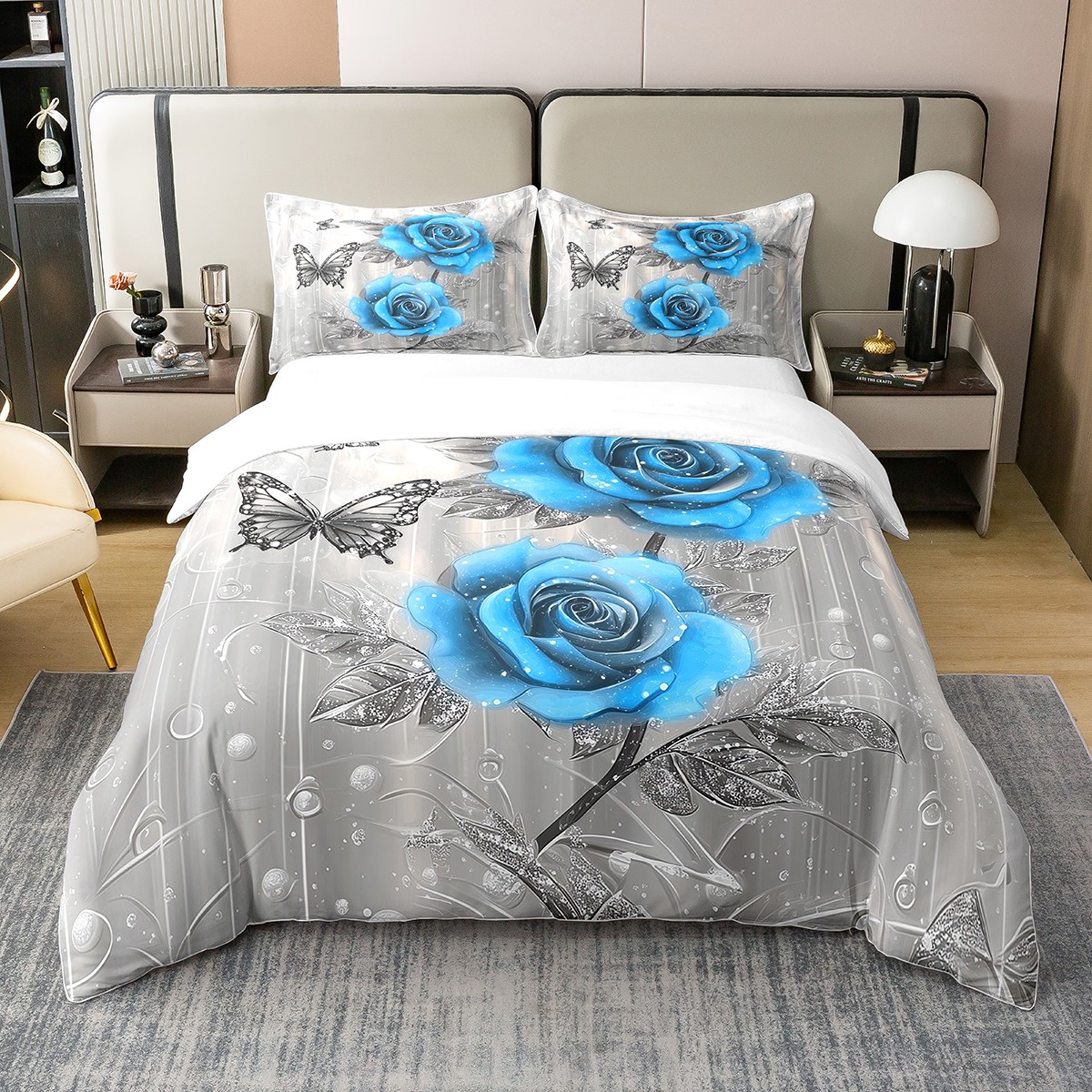 Blue Rose Cotton Duvet Cover King,Valentine's Day Flowers Bedding Set ...