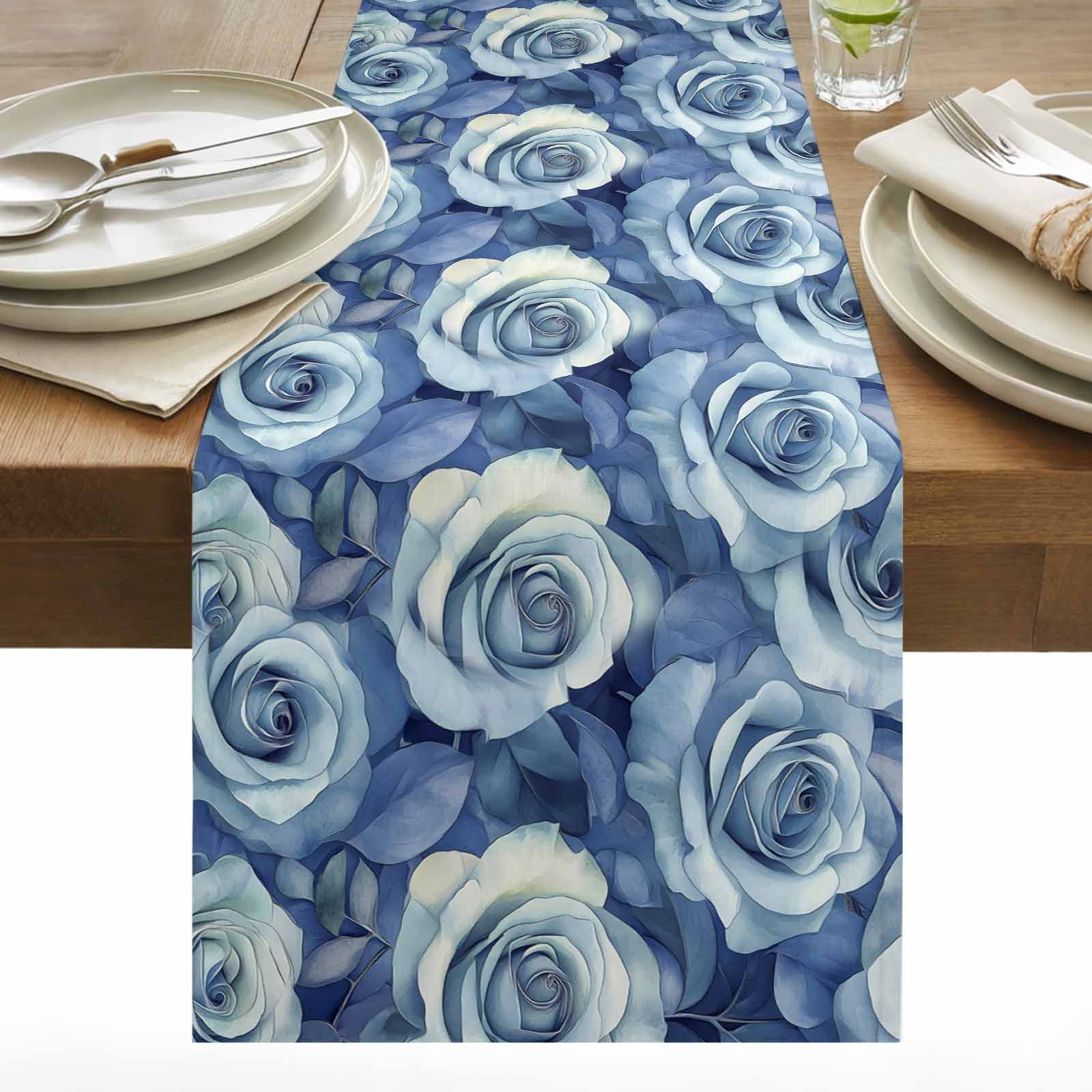 Blue Rose Cotton Linen Table Runner Spring Romantic Floral Flower Plant ...