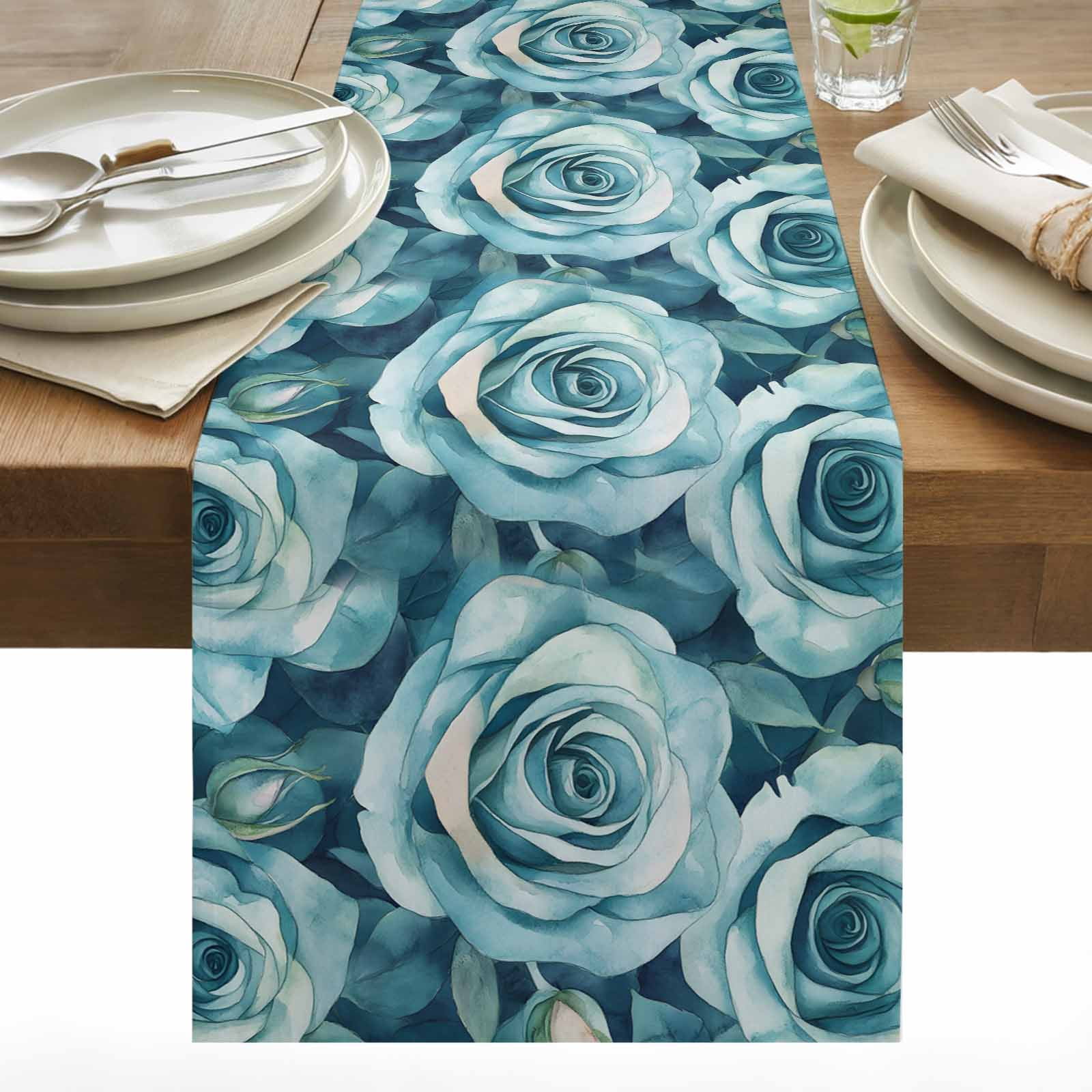 Blue Rose Cotton Linen Table Runner Spring Romantic Flower Floral Plant ...