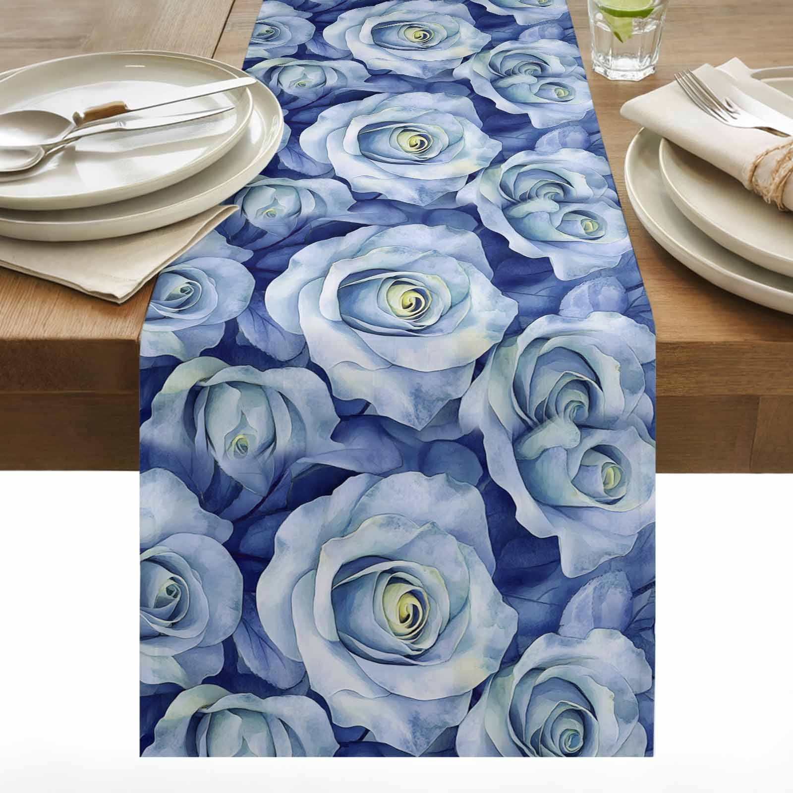 Blue Rose Cotton Linen Table Runner Spring Romantic Teal Floral Flower ...