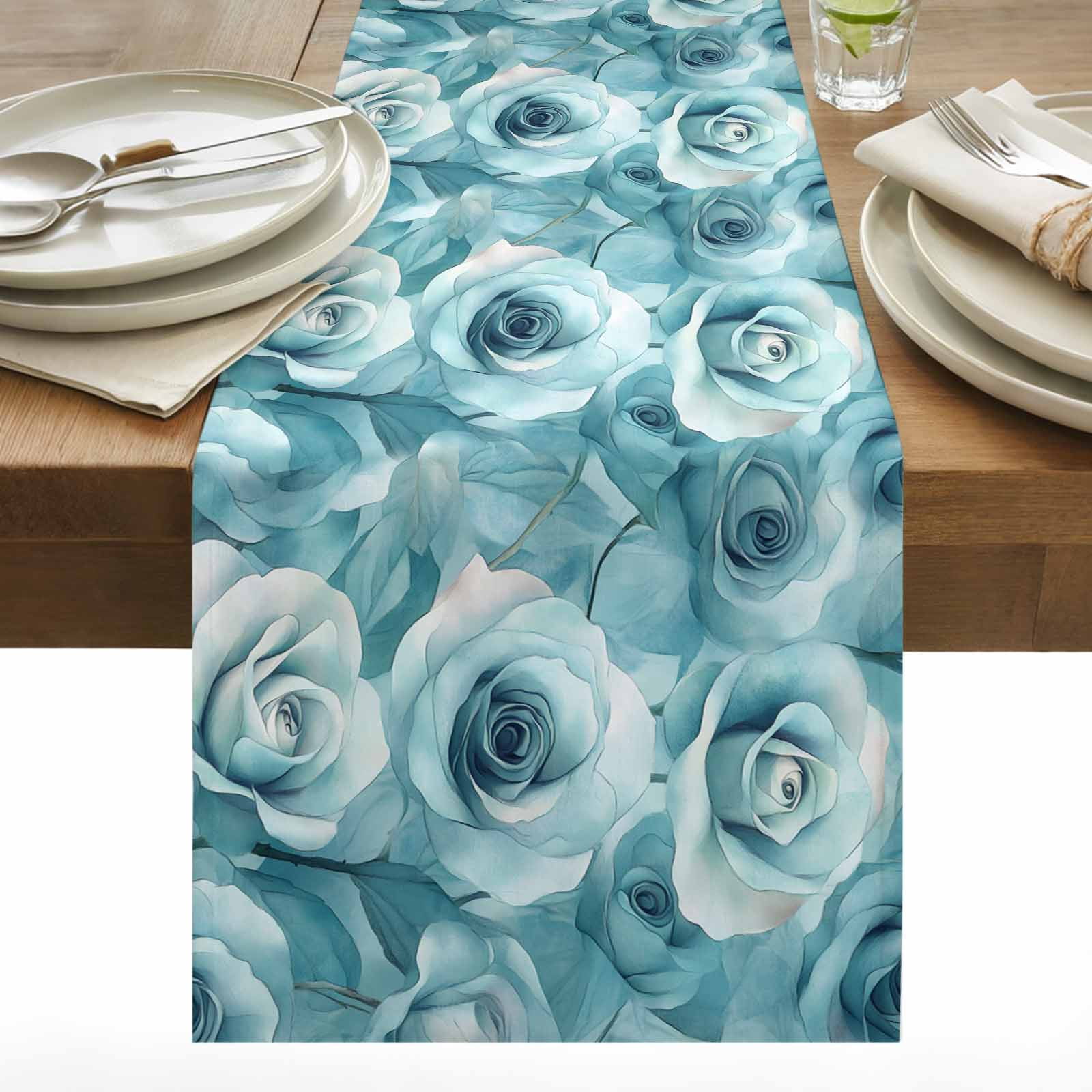 Blue Rose Cotton Linen Table Runner Spring Romantic Teal Flower Floral ...