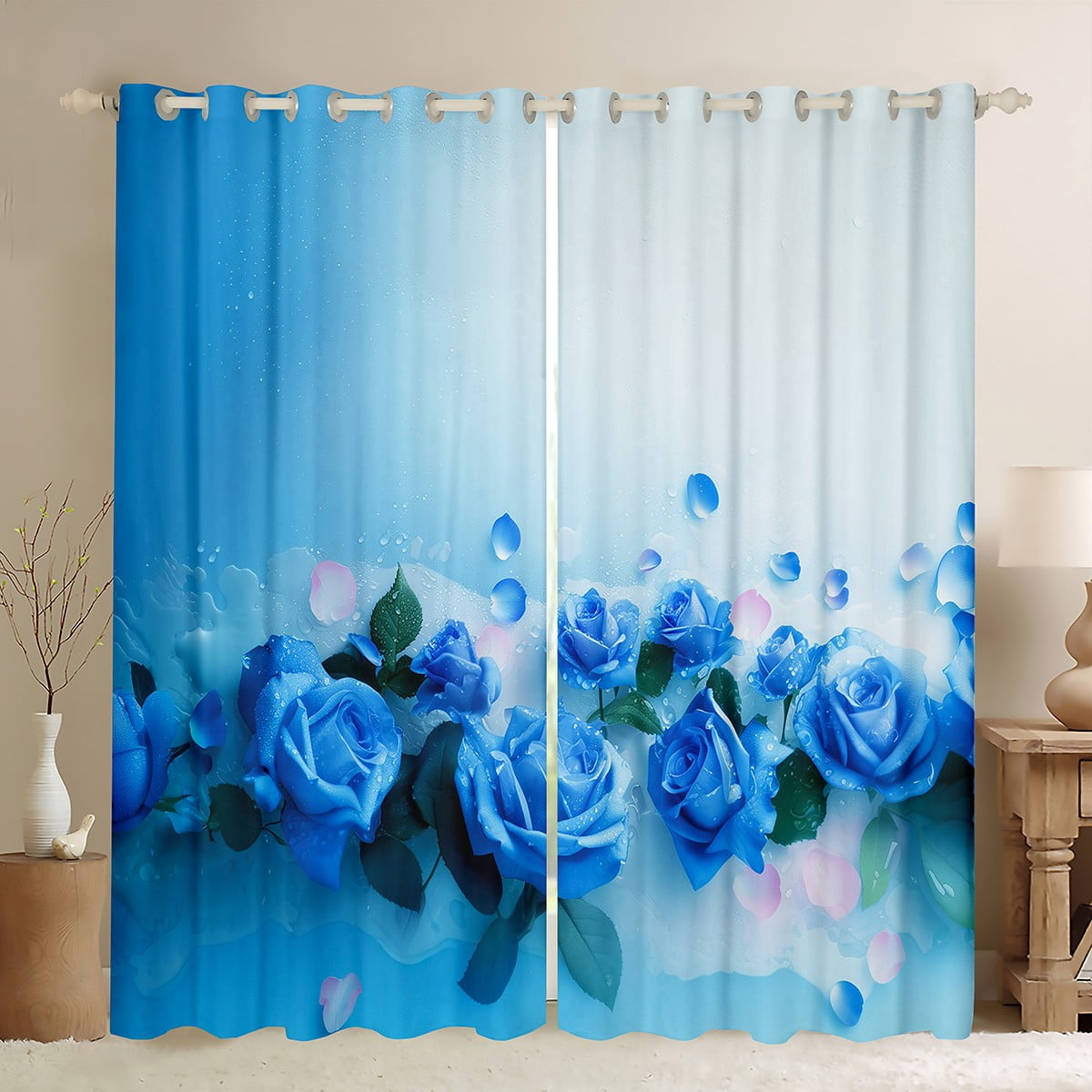 Blue Rose Curtains for Woman Chic Flowers Decor (42Wx90L) 2 Panels ...