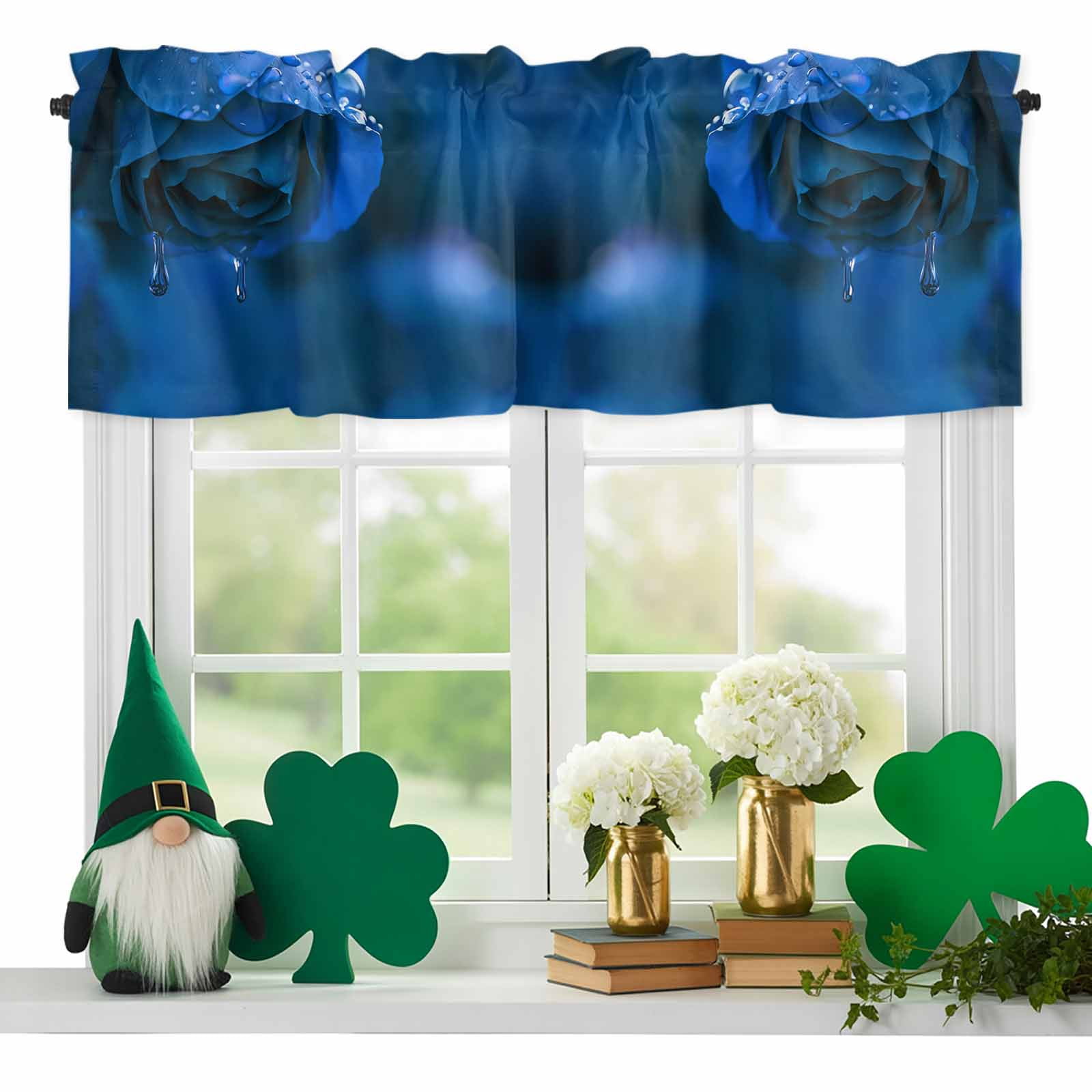 Blue Rose with Drops Valances for Windows, Abstract Art Rod Pocket ...