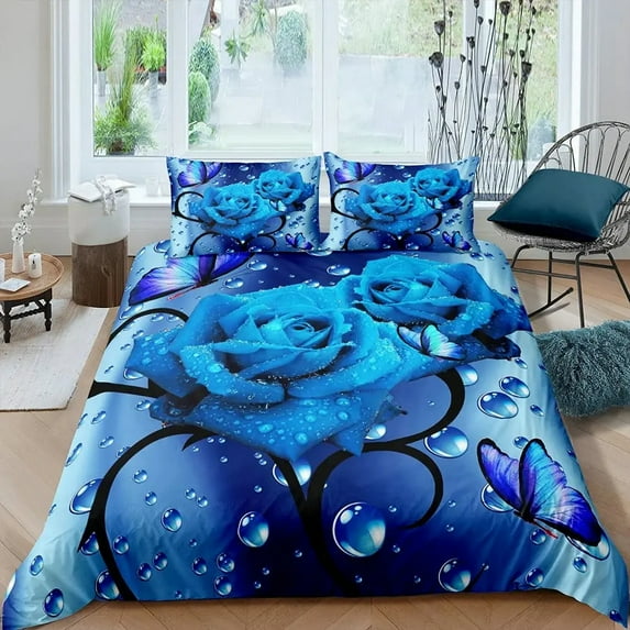 Blue Rose Duvet Cover Set King Size 3D Printed Blossom Flowers Bedding ...