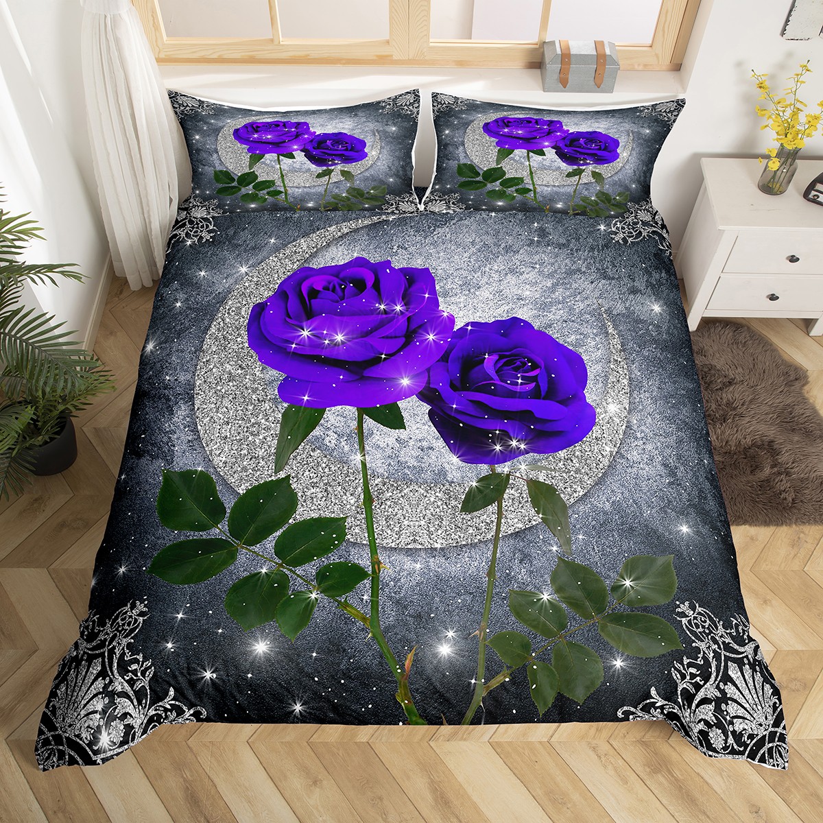 Blue Rose Duvet Cover Silver Moon Full Bedding Set for Girls Boys Kids ...