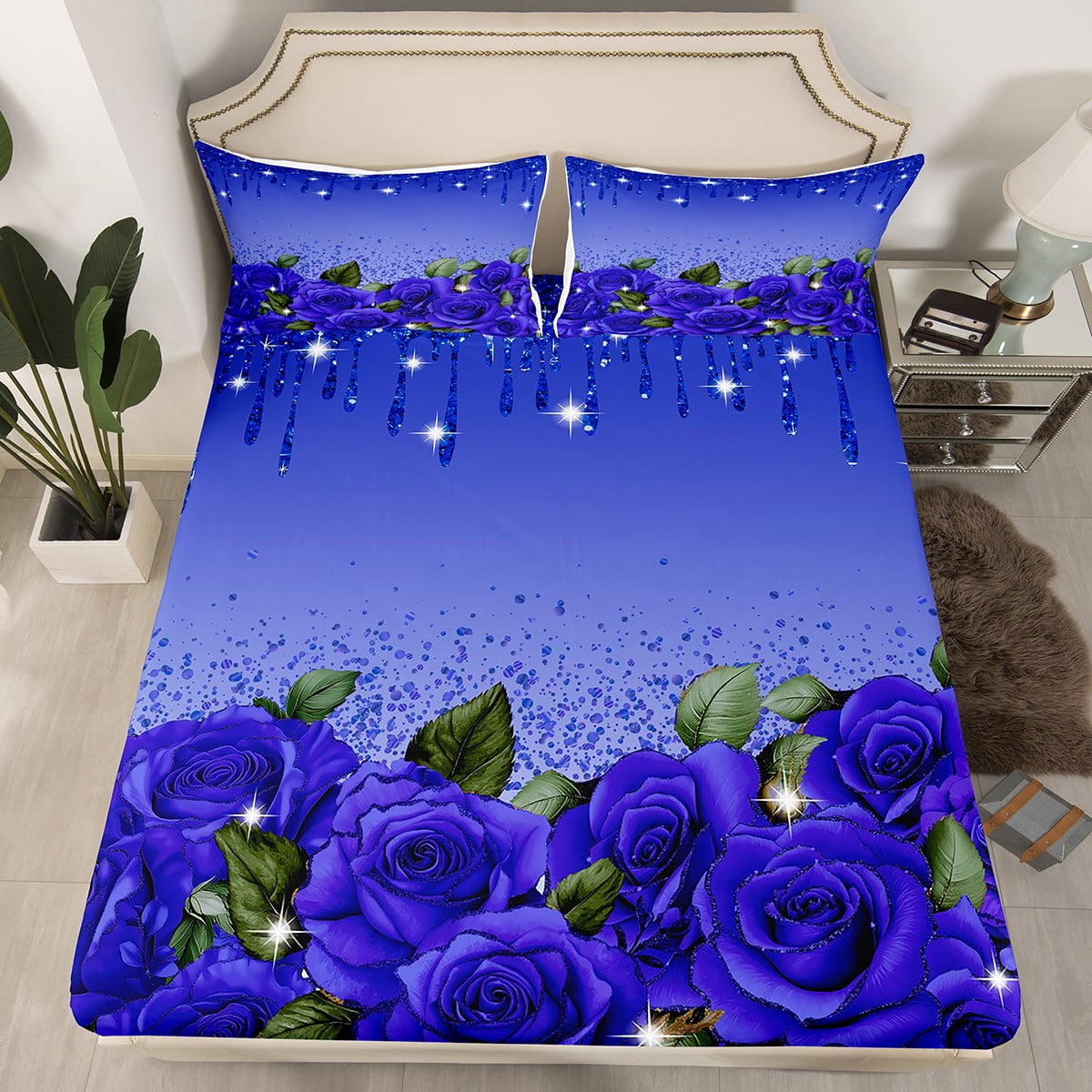 Blue Rose Fitted Sheet Diamond Crystal Fluid Art Sheets,Abstract Ombre ...