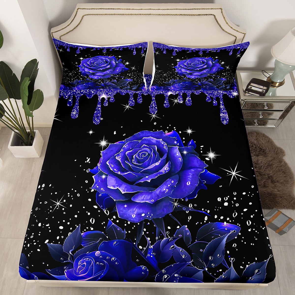 Blue Rose Fitted Sheet Glitter Galaxy Sheets Queen Size Bed Set ...
