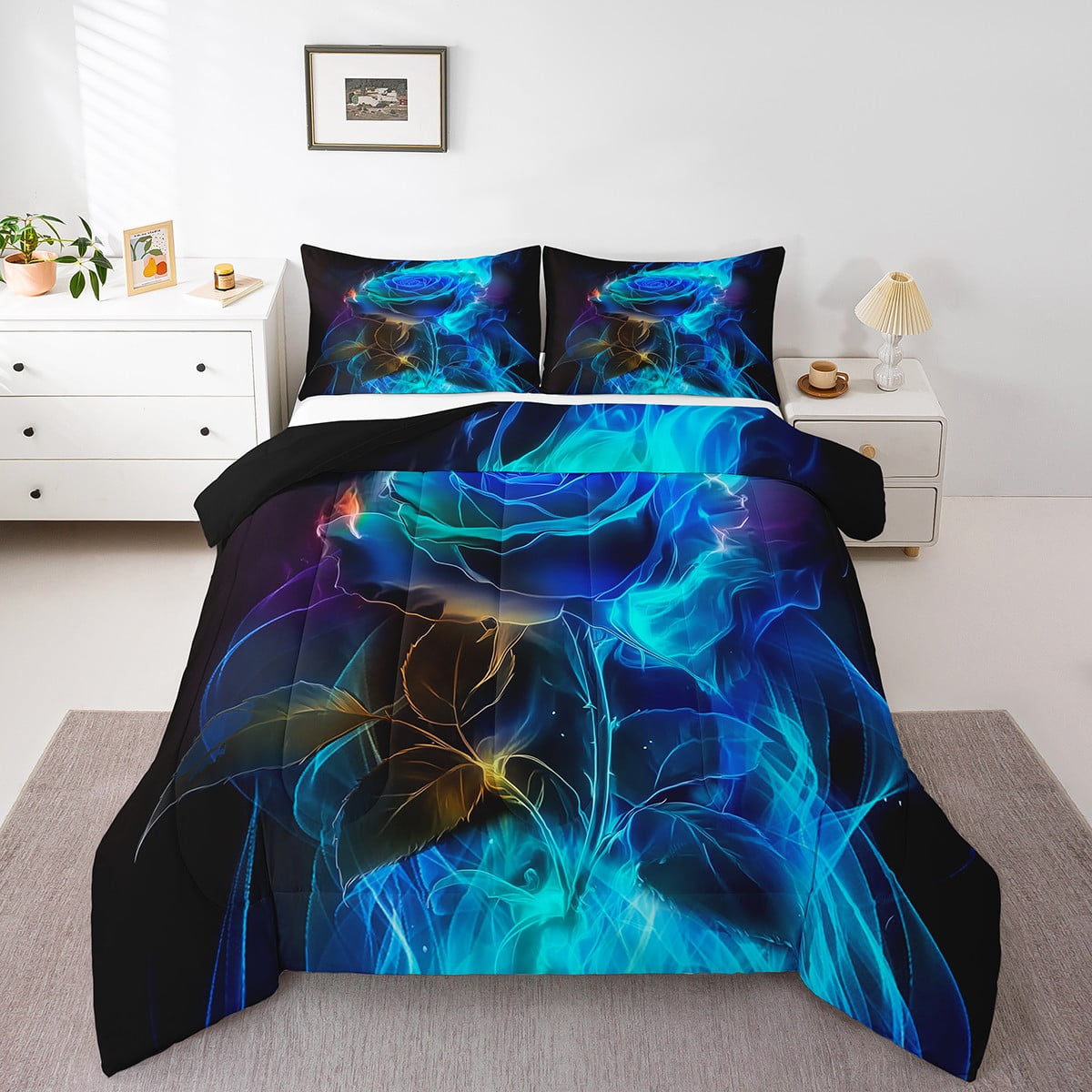 Blue Rose Flames Bedding Comforter Sets, Floral Roses Comforter Set ...