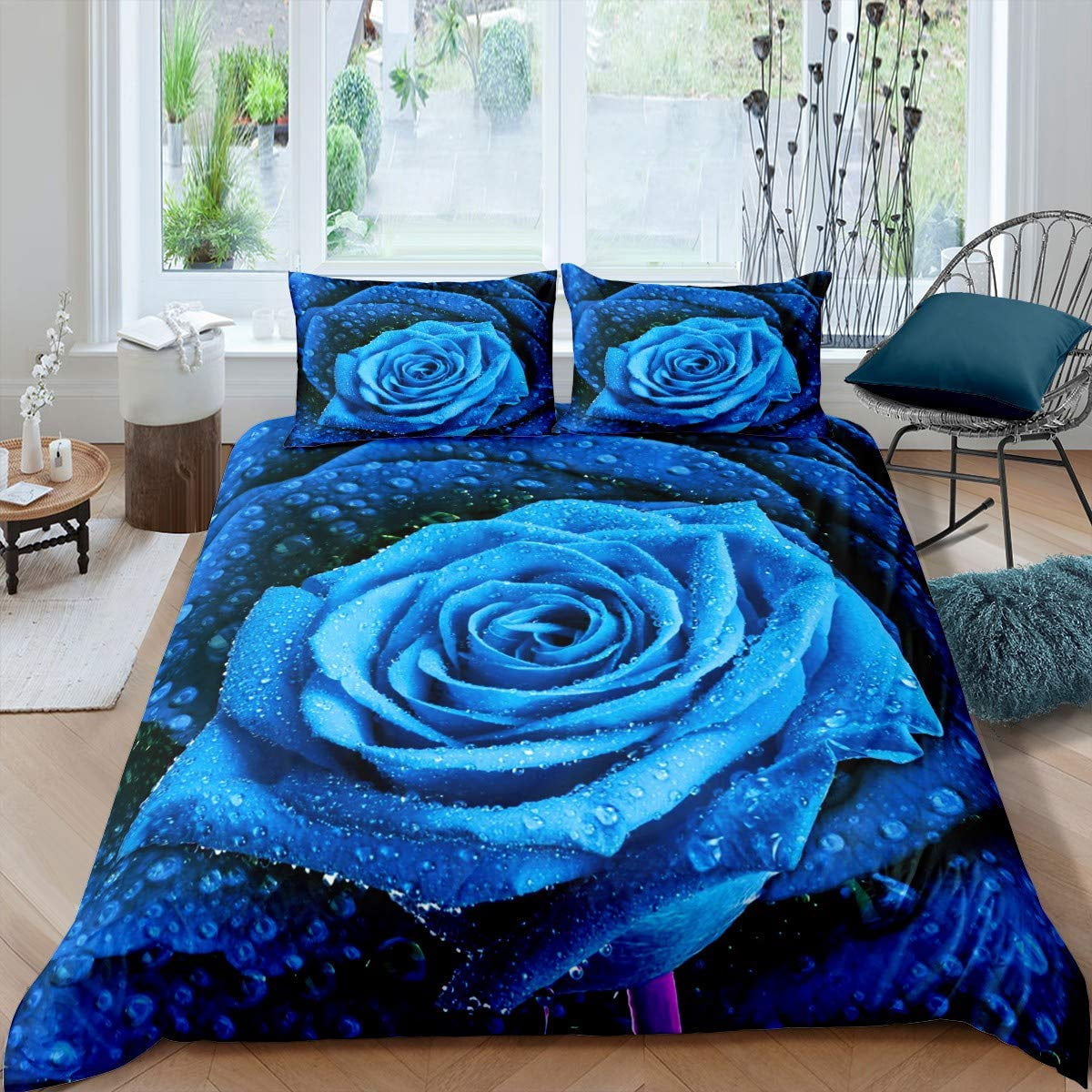Blue Rose Floral King Duvet Cover 3D Blossom Flowers Bedding Set ...
