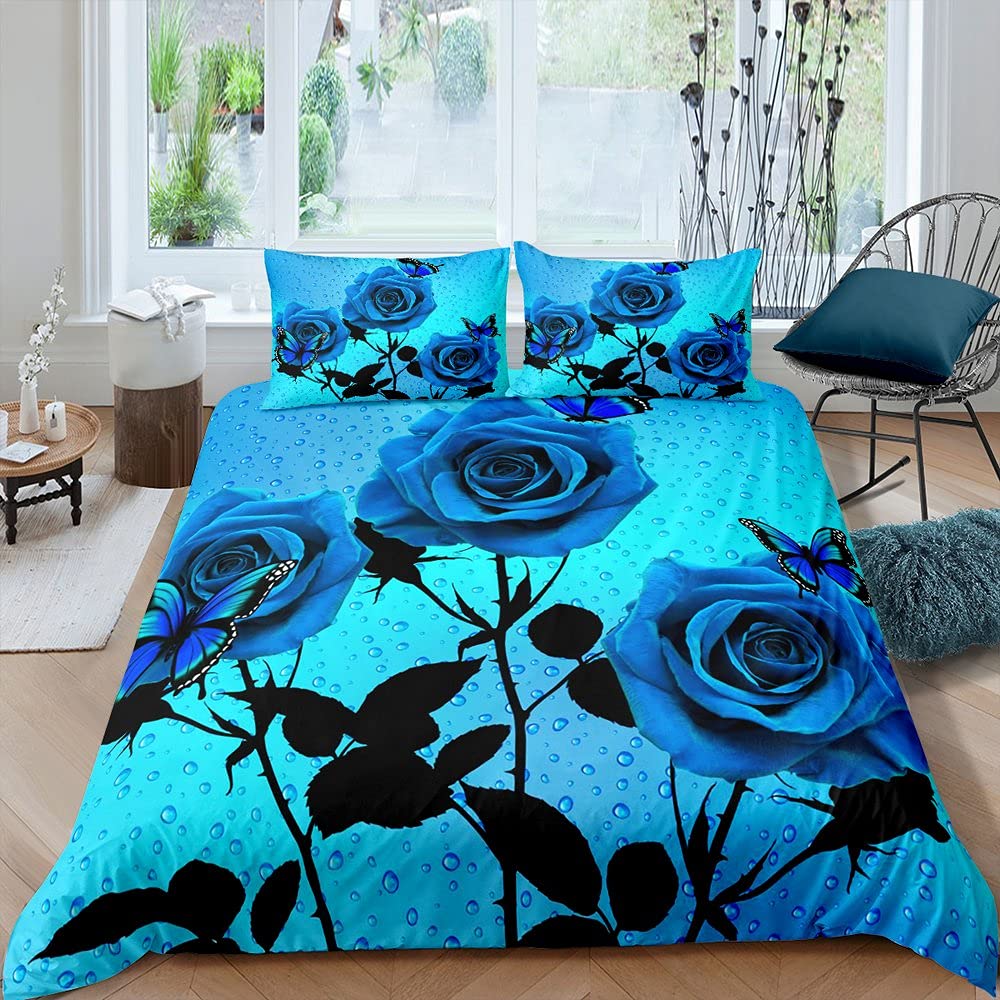Blue Rose Floral King Duvet Cover 3D Blossom Flowers Bedding Set ...