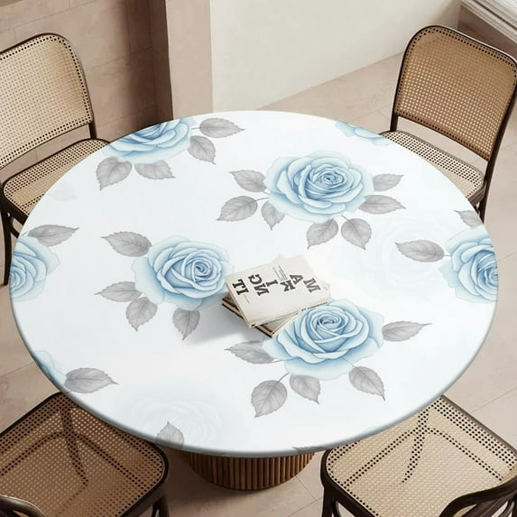 Blue Rose Floral Pattern Round Table Cover Kitchen Printed Waterproof ...