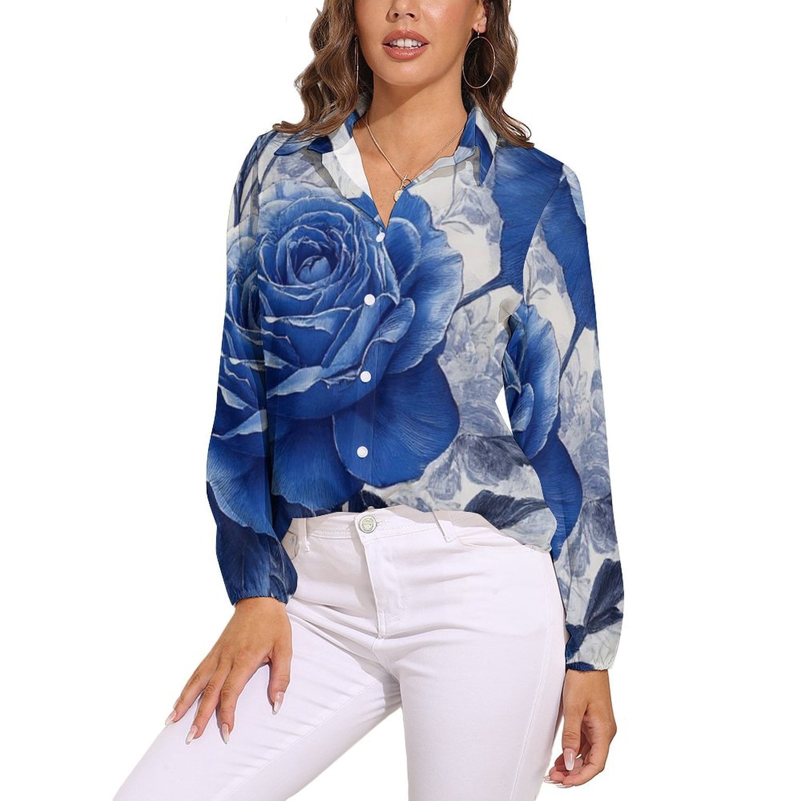 Blue Rose Floral Print_1 Vntage Casual Long Sleeve Shirt Blouse Woman ...